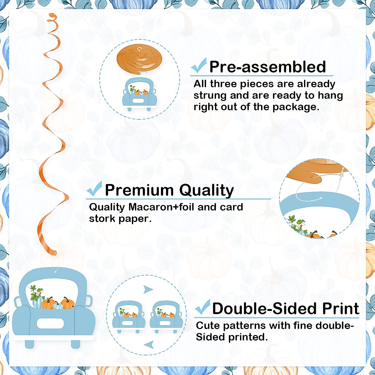 Little Pumpkin Party Hanging Decorations, Blue Boy Little Pumpkin Baby Shower Decoration, Pumpkin Truck Maple Leaf Hanging Swirl Streamer for Boy Fall Baby Shower Gender Reveal Party Supplies