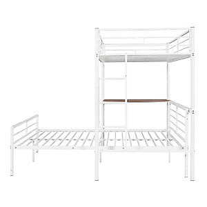 ATY Metal Bunk Beds Twin Over Full Size, L Shaped Steel Bedframe w/Desk & Built-in Ladder and Full-Length Guardrail, No Box Spring Needed, White