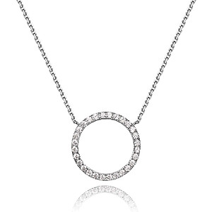 espere Rhodium Plated Paved Circle Pendant Sterling Silver Necklace for Women