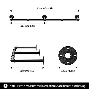 Vintage Clothes Rack, 48" Industrial Pipe Wall Mount Garment Rack, Space-Saving Heavy Duty Clothes Hanger for Closet Storage, 3 Bases, 1-Pack with 6 S-Hooks, Industrial Pipe Wall Mounted Closet Rod