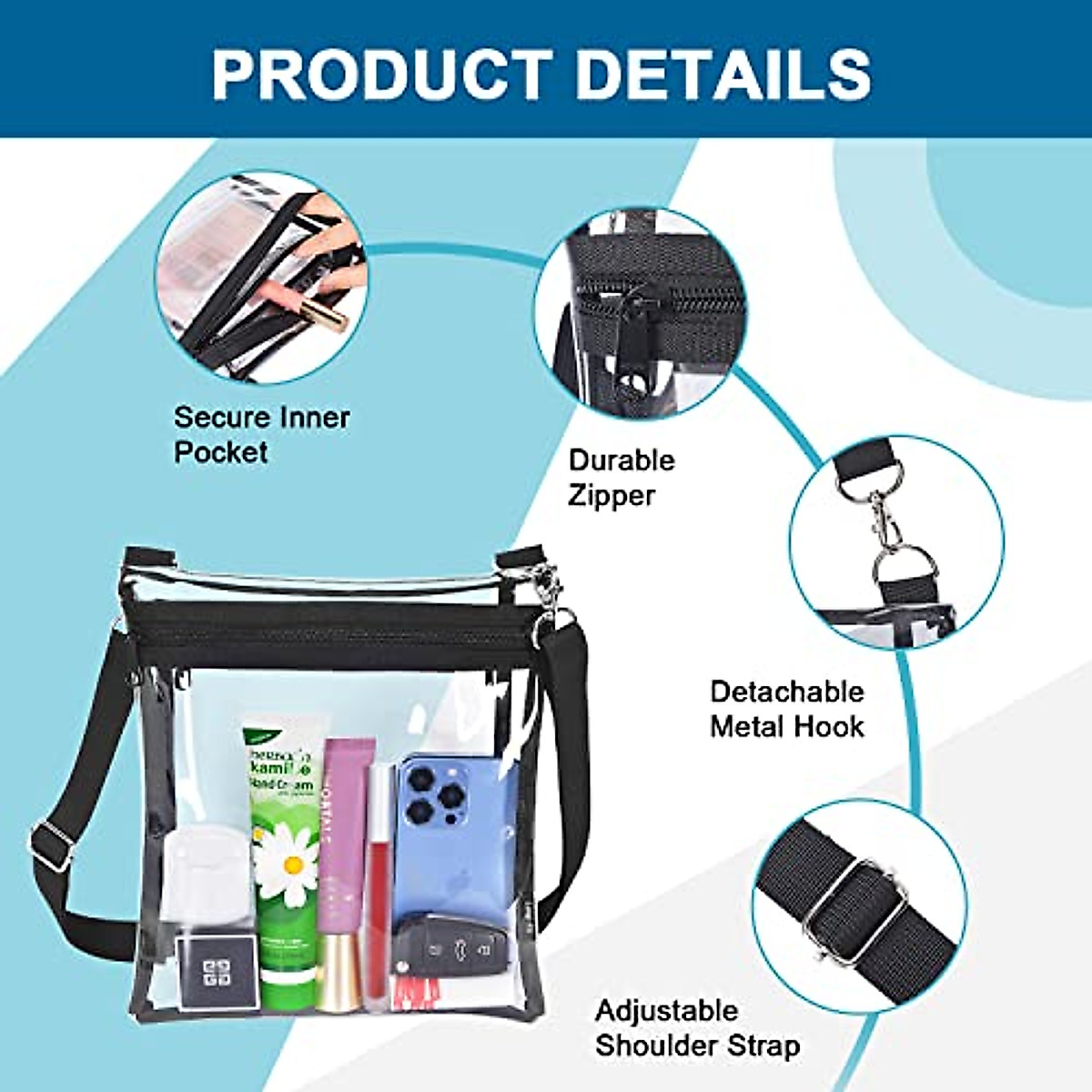 Leap Fit Clear Bag Stadium Approved: Women Men Crossbody Concert Bags See Through Purse - Transparent Plastic Handbag for Game day Festivals Sports