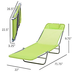 Outsunny Folding Chaise Lounge Pool Chairs, Outdoor Sun Tanning Chairs with Pillow, Reclining Back, Steel Frame & Breathable Mesh for Beach, Yard, Patio, Green