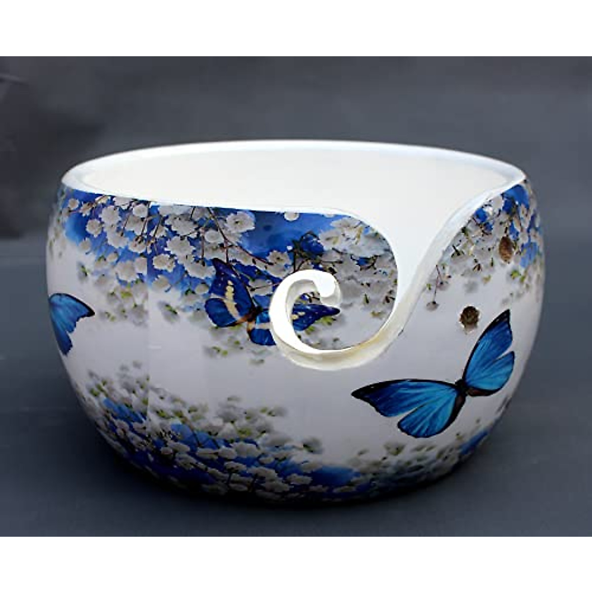 Handmade Wooden Yarn Bowl Crocheting Bowl Round Knitting Wool Storage Yarn Bowl Handmade with Holes with Crochet Hooks for Crocheting Knitting DIY Crafts Tools (Butterfly)