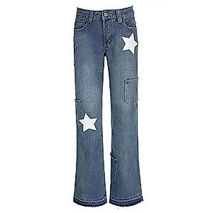 ETATNG Womens Star Print High Waist Baggy Cargo Jeans with Slant Pocket Vintage Y2K Straight Leg Distressed Denim Blue L