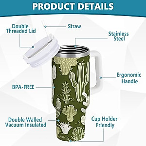 Jihqo Cute Cactus Green 40 oz Stainless Steel Vacuum Insulated Tumbler with Handle and Straw Lid, Leakproof Water Bottle Double Wall Travel Mug Coffee Cup, Cupholder Friendly