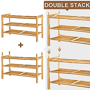 Hiceeden 3 Tier Bamboo Shoe Rack, Stackable Shoe Shelf Storage Organizer Easy to Assemble Shoe Stand for Closet, Entryway, Hallway, Bedroom or Living Room