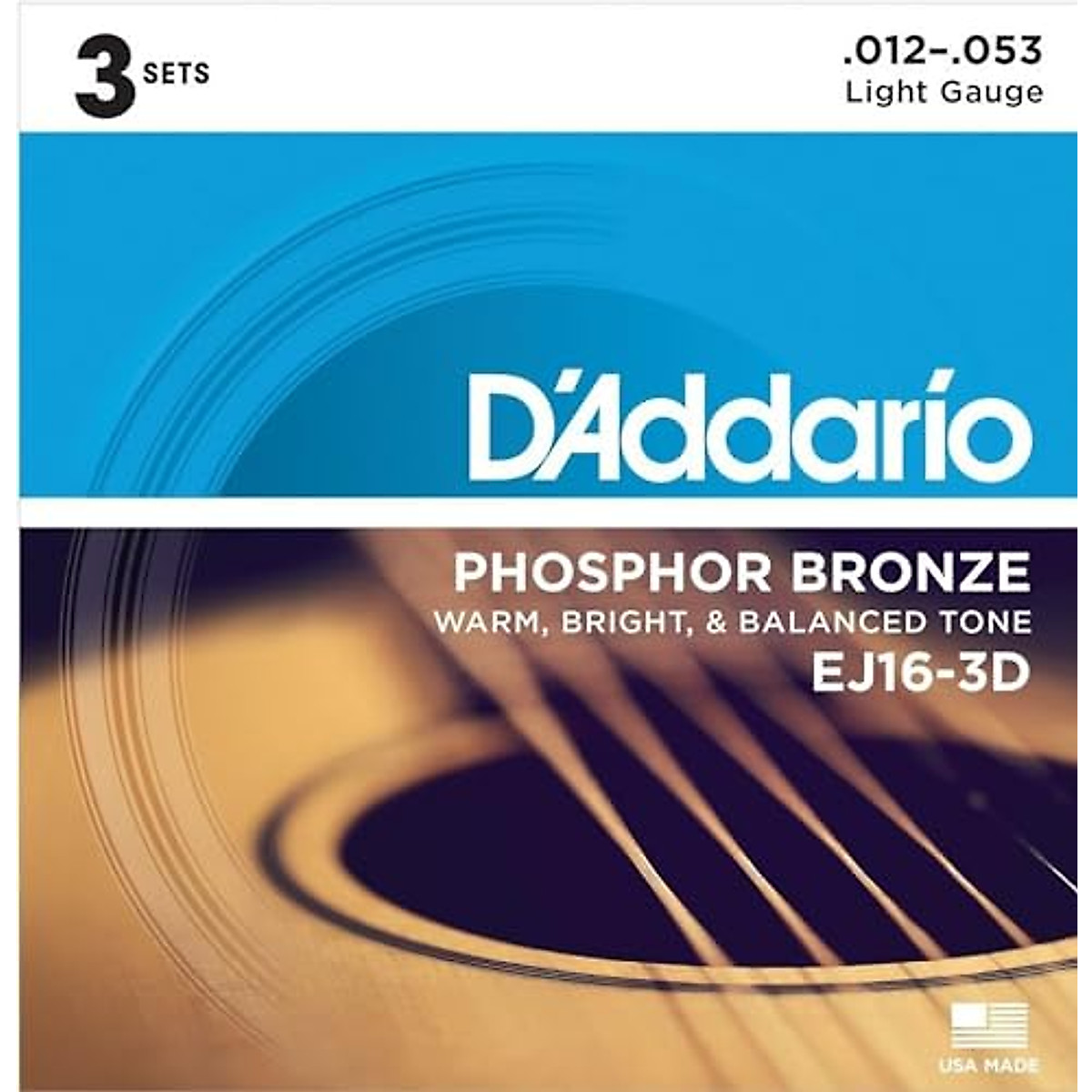 D'Addario Guitar Strings - Phosphor Bronze Acoustic Guitar Strings - EJ16-3D - Rich, Full Tonal Spectrum - For 6 String Guitars - 12-53 Light, 3-Pack