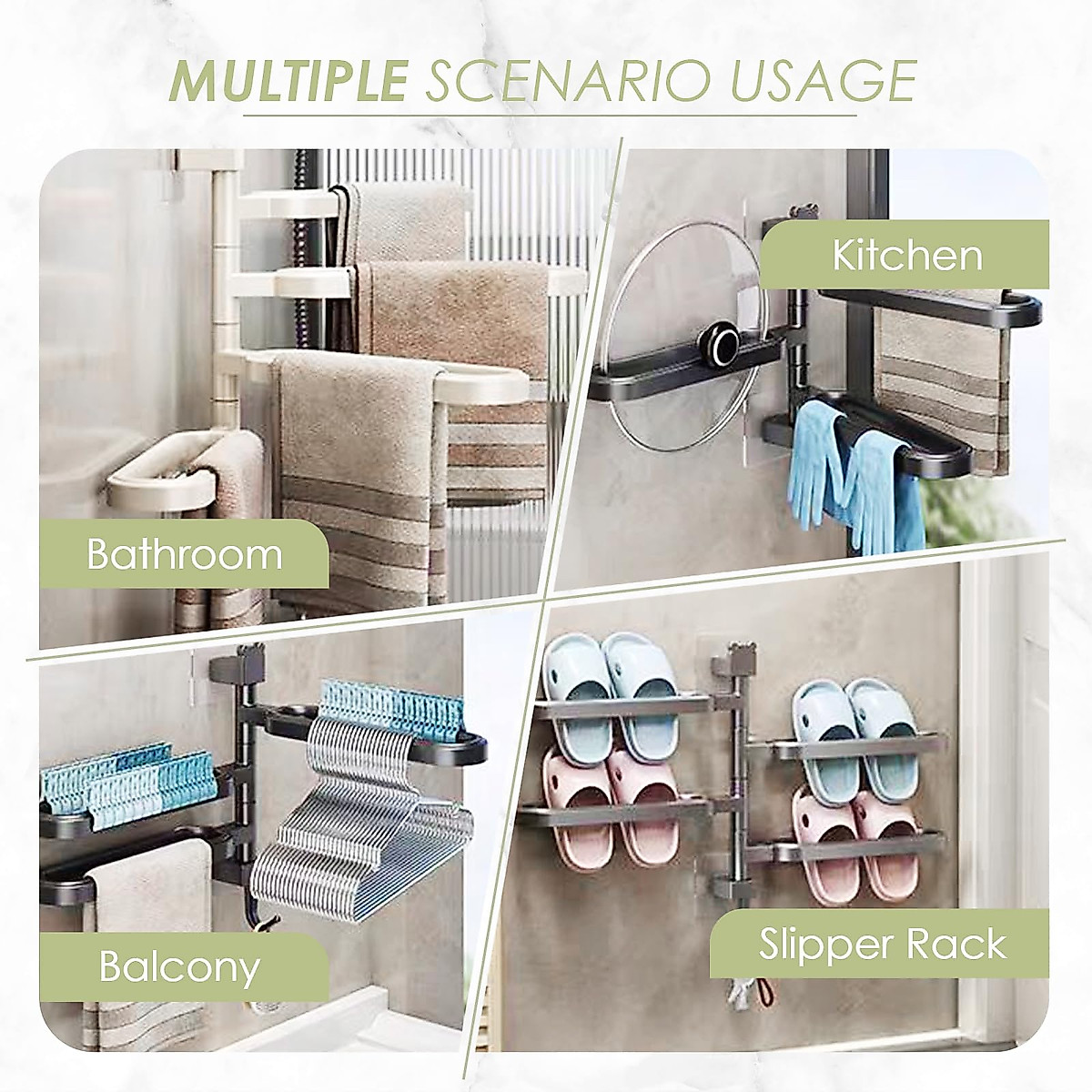 Pysrych No Drill Swivel Towel Rack Wall Mounted 3-Arm Towel Bar ABS Self-adhesive Towel Holder with Hook for Bathroom Shower Kitchen Grey