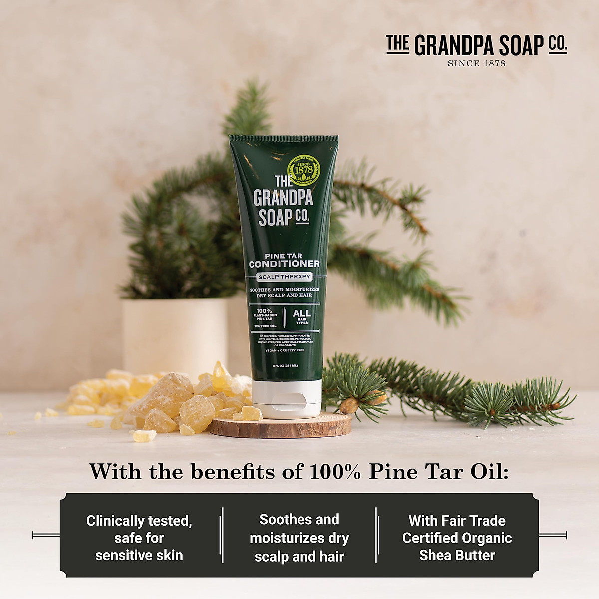 The Grandpa Soap Company Pine Tar Conditioner - Sooths and Moisturizes Dry Scalp, With Pine Tar and Tea Tree Oil, All Hair Types, Vegan, Sulfates and Parabens Free, 8 Fl Oz