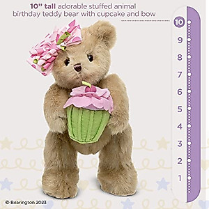 Bearington Casey The Birthday Cake Bear: 10” Tall Stuffed Teddy with Ultra-Soft Faux-Fur, Expressive Face, Adorable Hair Bow and Plush Cupcake, Machine Washable, Birthday Gift for Kids or Adults