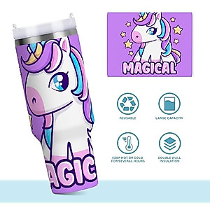 ODAWA 40oz Spill Proof Tumbler with Straw, Cute Unicorn Purple Insulated Stainless Steel Tumbler with Lid and Straw Insulated Travel Tumbler