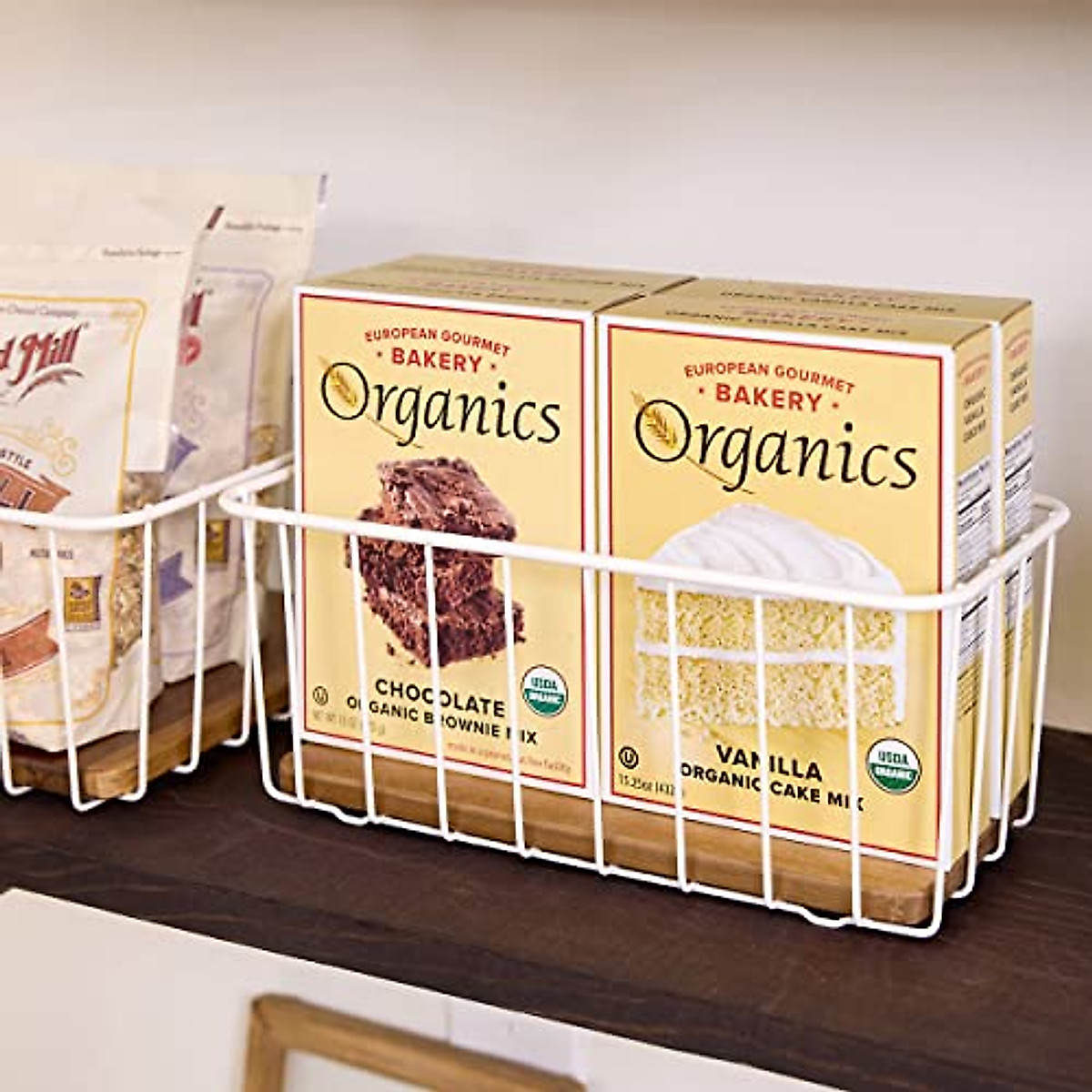 iDesign The Ría Safford Collection Pantry Wire Basket with Acacia Wood, 12" x 6" x 5"