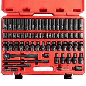 NEIKO 02471A Impact Socket Set, 3/8” Drive, 67 Piece, Metric and Standard Master Socket Set with Shallow & Deep Sockets, Ratchet, Swivel Sockets, Extension Bars, Adapters, Cr-V & Cr-Mo