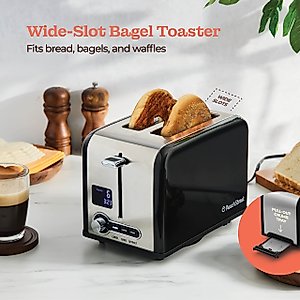 Peach Street 2 Slice Toaster Compact Bread Toaster with Digital Countdown, Wide Slots, Auto-Pop Stainless Steel, 6 Browning Levels, Removable Crumb Tray, with Defrost, Bagel, and Cancel Function