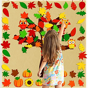 Winlyn Fall Tree of Thanks Craft Kit Fall Felt Bulletin Board Set Felt Fall Tree Board with 81 PCS Detachable Autumn Leaf Pumpkin Owl Sunflower Ornaments for Kids Classroom Craft Thanksgiving Activity