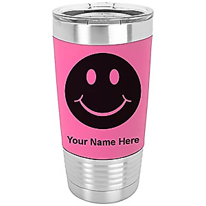 LaserGram 20oz Vacuum Insulated Tumbler Mug, Happy Face, Personalized Engraving Included (Silicone Grip, Pink)