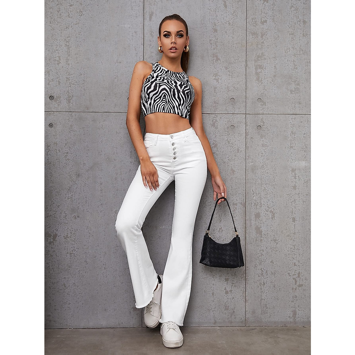 SweatyRocks Women's Casual High Waisted Flare Leg Jeans Raw Hem Bell Bottom Denim Pants White XS