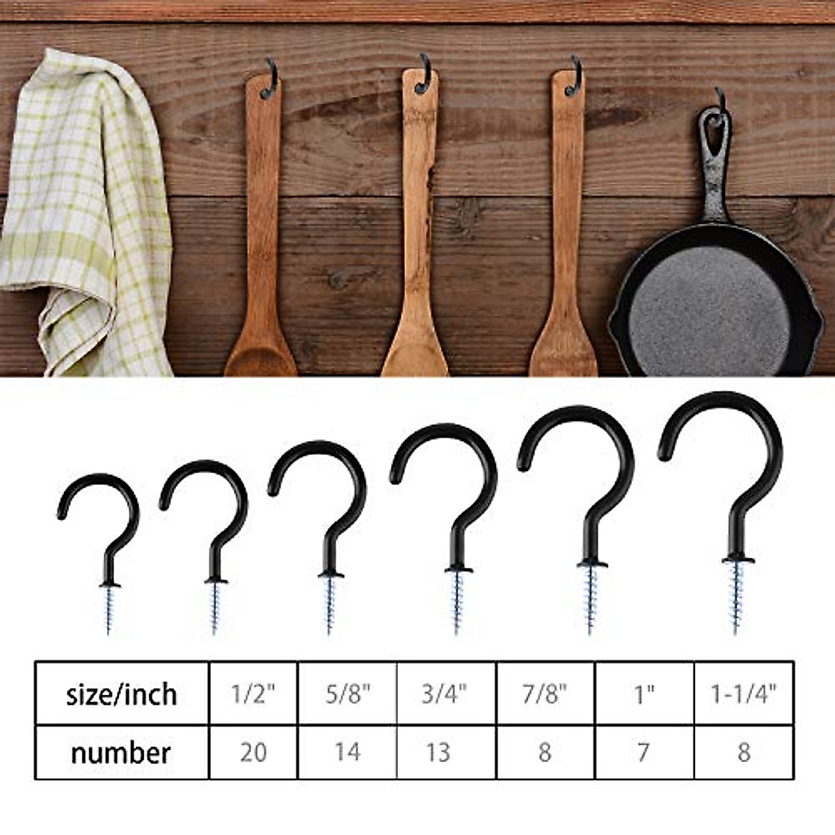 ASTARON 70 Pcs Mutli-Size Vinyl Coated Cup Hooks Metal Screw-in Hooks for Hanging Coffee Cup Plants , Black