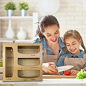 Bamboo Ziplock Bag Organizer for Kitchen Drawer - Food Storage Plastic Bag Dispenser Holder Containers, Openable Lid Bamboo Organization Box for Gallon, Snack, Sandwich, Quart Various Size Bags, Gifts for Her/Women