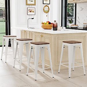 Tongli 26 inch Bar Stools Set of 4 Counter Height Stools Stackable Bar Stool Backless Metal Barstools White Cream Counter Stools Indoor for Kitchen & Island&Dining Chairs Set of 4