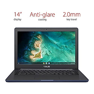ASUS 2022 C403 Chromebook 14" HD Laptop, Intel Celeron N3350 Processor, 4GB RAM, 32GB eMMC Flash Memory, Intel HD Graphics 500, HD Webcam, Stereo Speakers, Chrome OS, Dark Blue, 32GB USB Card