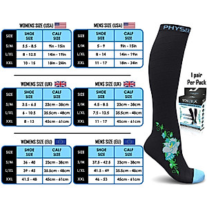 Physix Gear Compression Socks 20-30 mmHg - Men & Women - Running, Nurses, Shin Splints, Flight, Travel (BLACK / BLUE FLOWER-S/M)