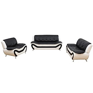 HOMVET Faux Leather 3 Piece-Modern Sofa,Couch Set for Living Room,Black & White
