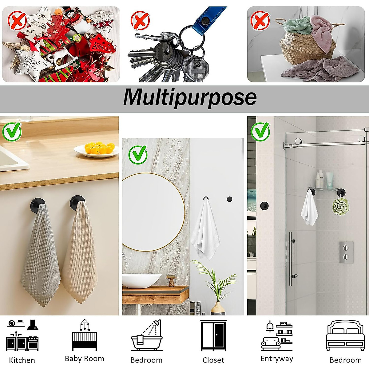 podafu Luxe No-Drill Hooks, 2024 Upgraded Suction Cup Hooks, Stainless Steel Waterproof Suction Cup Hooks for Shower, Bathroom, Hanging Towels, Mounting on Glass Shower Doors, Tile, Mirrors (Black)