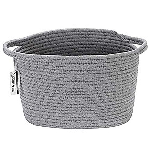 Sea Team Oval Cotton Rope Woven Storage Basket with Handles, Diaper Caddy, Nursery Nappies Organizer, Baby Shower Basket for Kid's Room, 12.2 x 8 x 9 Inches (Small Size, Grey)