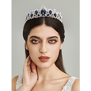 SWEETV Royal CZ Crystal Tiara for Women, Blue Wedding Crown for Brides, Princess Headpieces Bridal Hair Accessories for Birthday Party Pageant, Sapphire+Silver,Eleanor