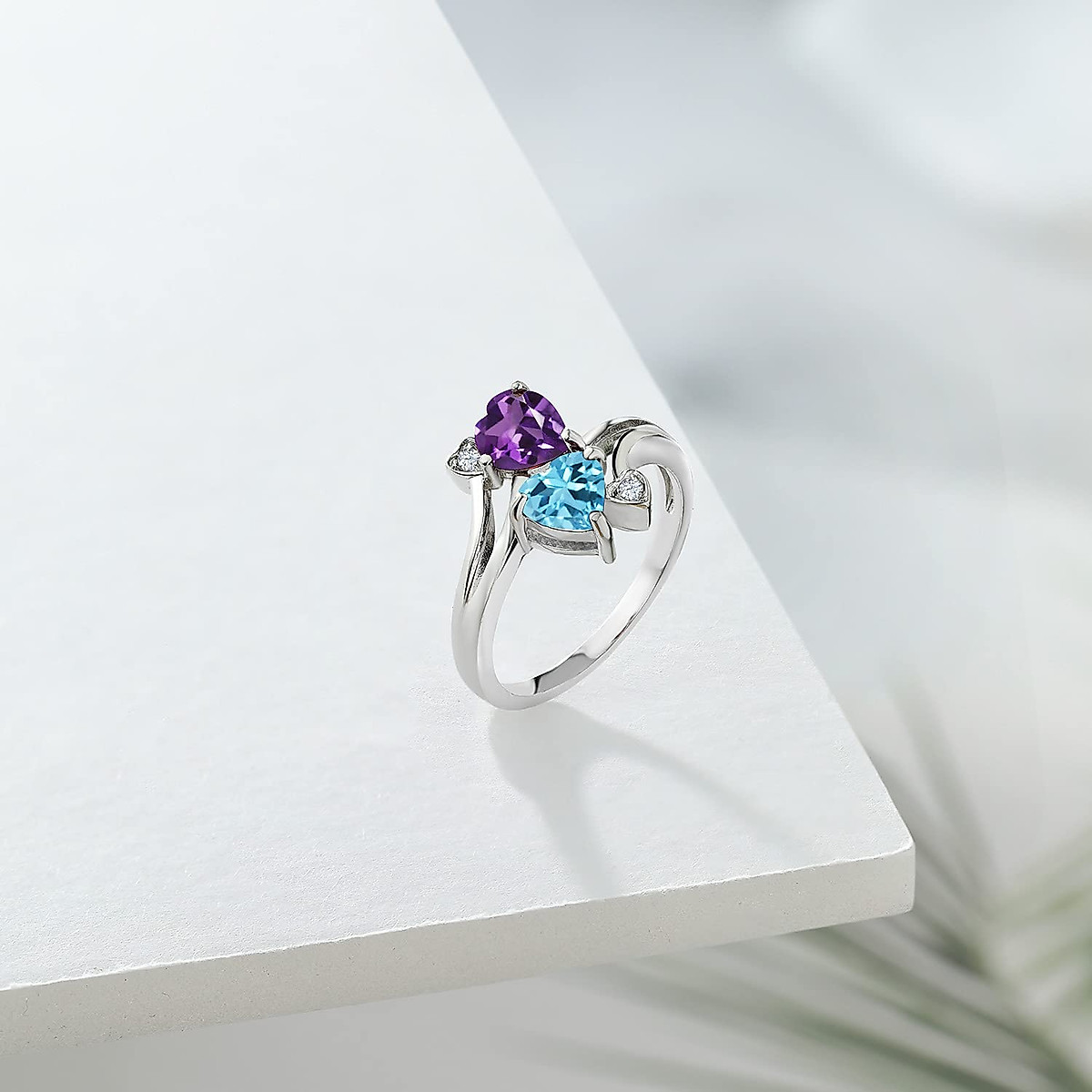 Gem Stone King 925 Sterling Silver Purple Amethyst Swiss Blue Topaz Ring For Women (1.63 Cttw, Heart Shape 6MM, Gemstone February Birthstone, Available In Size 5, 6, 7, 8, 9)