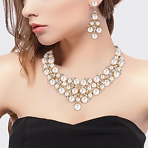 BriLove Wedding Bridal Simulated Pearl Necklace Earring Jewelry Set for Women Crystal Cluster Statement Necklace Dangle Earrings Set Clear Gold Tone.