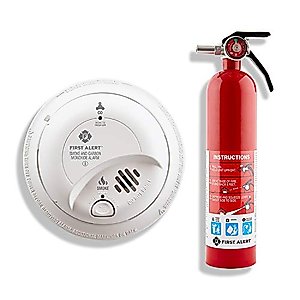 First Alert BRK SC9120B Hardwired Smoke and Carbon Monoxide Alarm with Battery Backup with Home Fire Extinguisher, Red