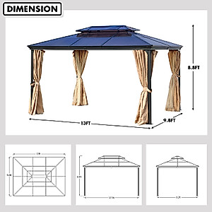 COWVIE 13 x 10 FT 2-Tier Polycarbonate Roof Gazebo, Aluminum Frame Outdoor Gazebo with Mosquito Netting and Curtains, Suitable for Patio, Backyard, Deck, Lawns