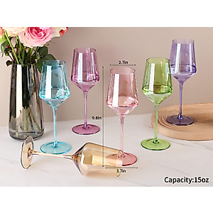 Physkoa Colored Wine Glasses Set 6-15oz Stemmed Colorful Wine Glasses with Long Stem,Multi Color Wine Glasses,Housewarming,Birthday Gifts for Women
