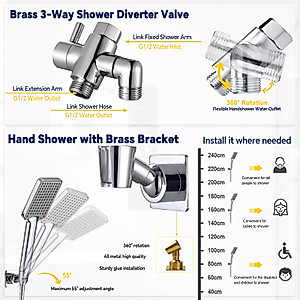YDmeet 12 Inch Shower Head with Handheld Spray Combo- Rain Shower Head with Handheld- Stainless Steel Height Adjustable 12" Extension Arm with 3 Setting Diverter Extra Long Shower Hose- Chrome