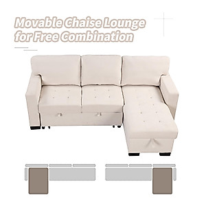 DREAMODERN 85.2-Inch L-Shaped Sectional Sofa Couch Pull-Out Sofa Bed, Modern Upholstered Corner Sofa with Storage Rack, Charging Ports and 2 Cup Holders for Living Room Apartment - Beige