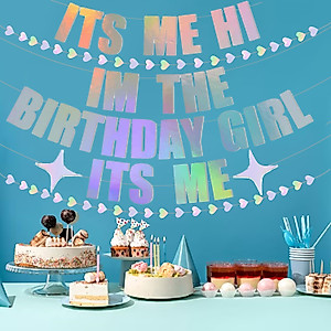 IT'S ME HI IM THE BIRTHDAY GIRL ITS ME Taylor Birthday Banner, Pre-Strung Iridescent Holographic Birthday Banner Sign with 2pcs Hanging Heart Shaped Streamers for Women Girl Party Gift Decoration