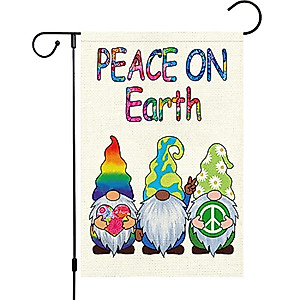 Heyfibro Gnomes Peace Garden Flag Peace On Earth Garden Flags 12x18 Inch Double Sided Burlap Messenger of Peace Flags for Holiday Spring Seasonal Outdoor Decoration(ONLY FLAG)