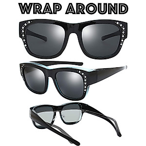 The Fresh High Definition Polarized Wrap Around Shield Oversized Sunglasses for Large Glasses - Gift Box Package (F5607RP02-Crystal blue/Black Paint for Large Glasses, Grey)