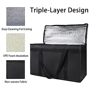 Bodaon 2-Pack Insulated Food Delivery Bag, XX-Large Reusable Grocery Shopping Bag, Frozen Food Cold, Cooler Bags with Zippered Top, Black