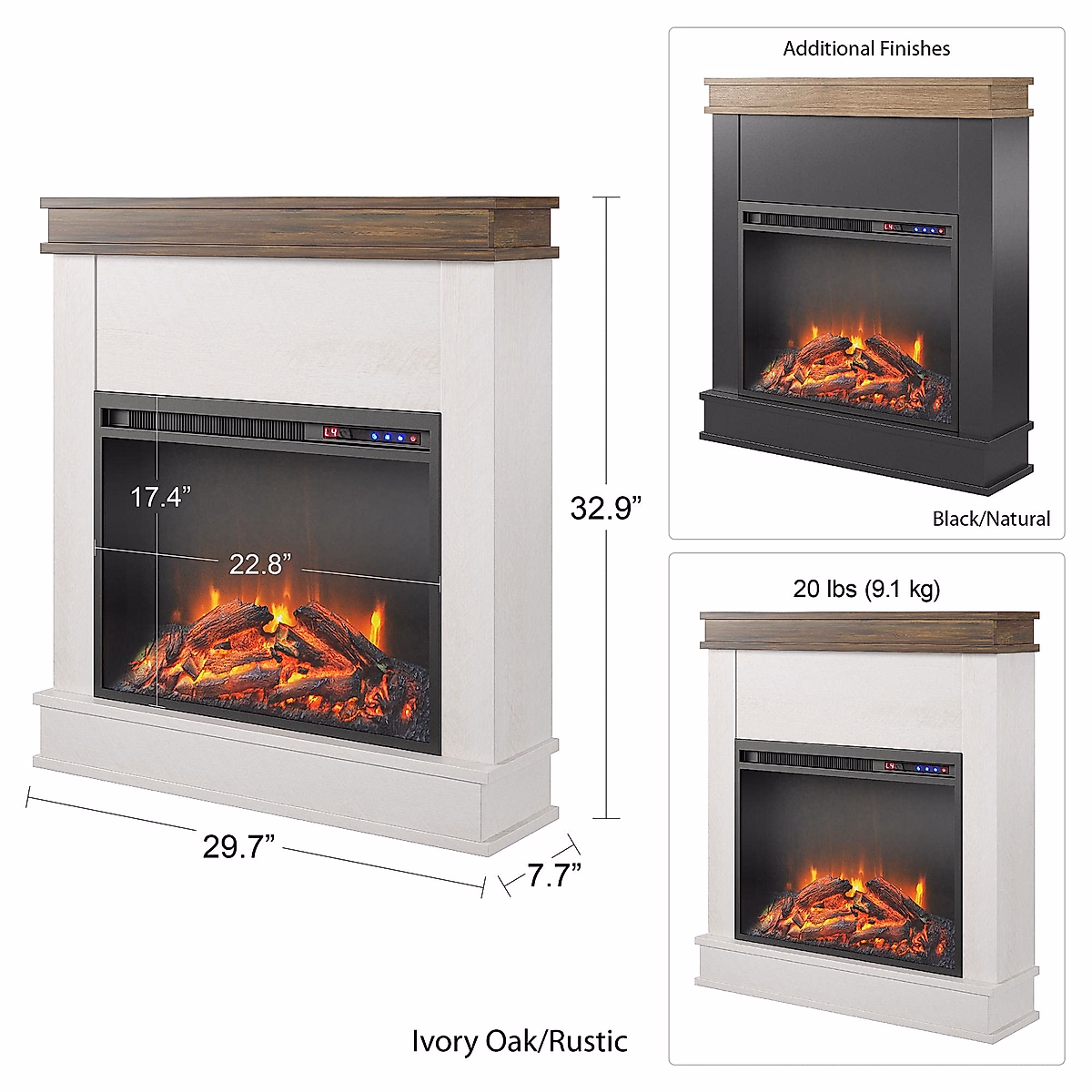 Ameriwood Home Mateo Fireplace with Mantel, Black with Natural Mantel