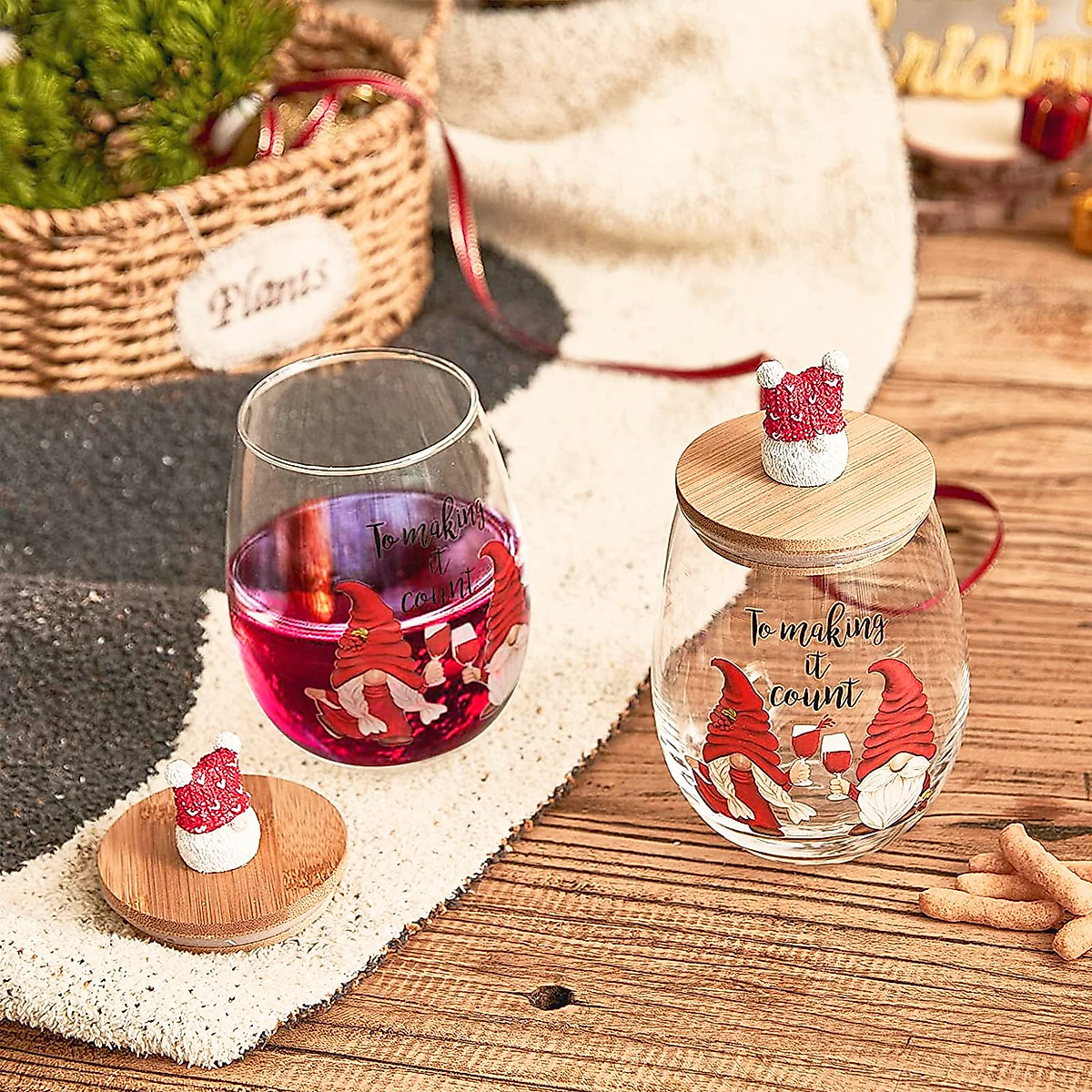 Christmas Gnome Wine & Water Glasses With Dwarf Wood Cover - Set of 2-17.5oz - Santa Holiday Festive Gnomes Stemless Clear Wine Glass For Red Or White Wine - Wines Glass for Women Friends Men Sister