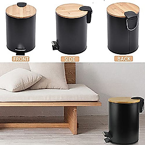Aupekro Round Metal Trash Can with Bamboo lid and Pedal 5 Liter Garbage Container Bin with Removable Inner Wastebasket for Bathroom, Bedroom, Kitchen, Office (Black)