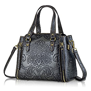 Purse and Handbags for Women Leather Shoulder Hand Bags Tote Handle Medium Satchel Vintage Embossing Rose (Black)
