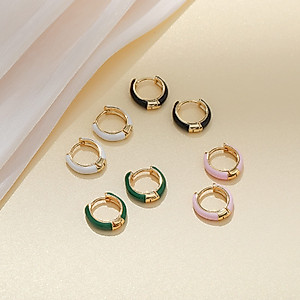 Lourny Small Hoop Earrings for Women, 18K Gold Plated Hypoallergenic Cute Enamel Huggie Earring Gifts for Women (Black)