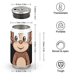 10 Oz Cartoon Brown Monkey Printed Drink Cup, Vacuum Insulated Thermos Cup with Straw Lid,Stainless Steel Travel Mug for Home Outdoor