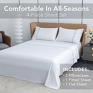 PY HOME & SPORTS Queen Size Bed Sheets Set 4 Piece 1800 Thread Count Bed Sheets Set with Lace Trim Decorated Pillowcase & 16" Deep Pocket, Super Soft and Comfortable (White, Queen)