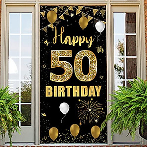 50th Birthday Door Banner Backdrop, Black Gold Happy 50th Birthday Decorations Women Men, 50 Years Birthday Photo Booth Props, Fifty Birthday Party Sign Decor for Outdoor Indoor Sturdy, Vicycaty