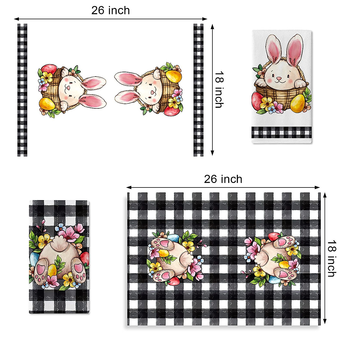 Seliem Easter Bunny Rabbit Kitchen Dish Towel Set of 2, Cute Eggs Flowers Hand Towel Black White Buffalo Plaid Check Drying Baking Cooking Cloth, Funny Spring Holiday Kitchen Decor 18x26 Inches